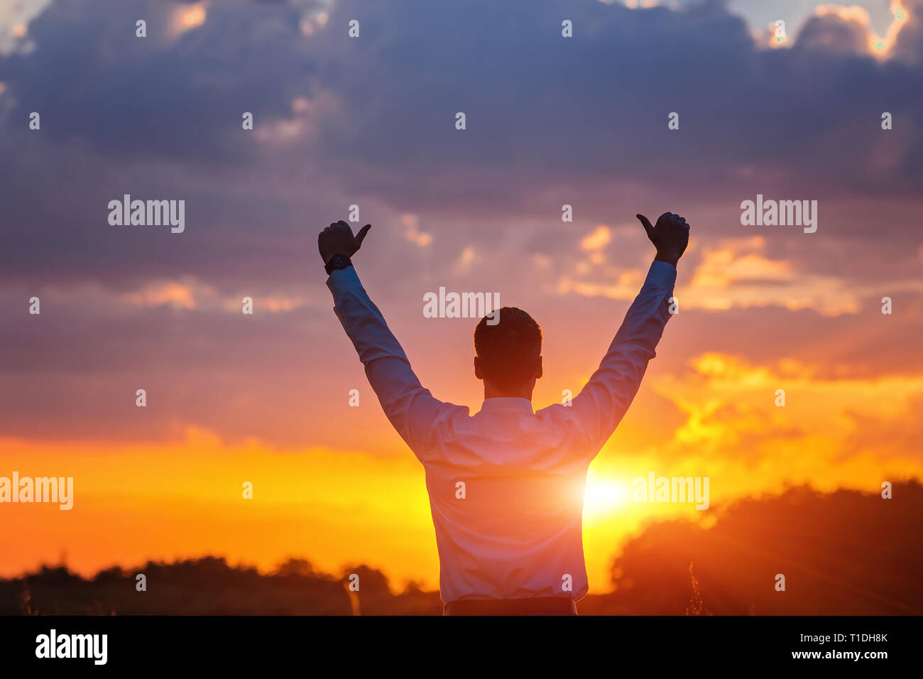 happy businessman, standing in field over wind background with his ...