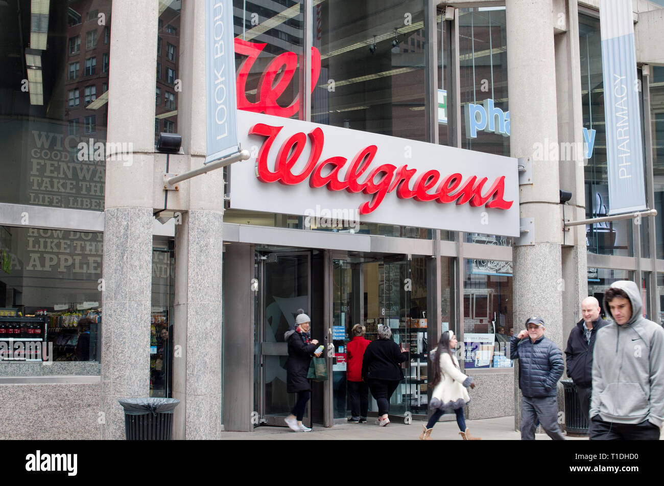 Walgreens storefront and busy entrance & sidewalk in downtown Boston ...