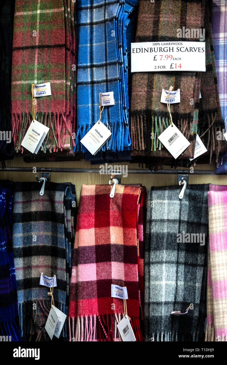 Scarves with tartan patterns, Edinburgh, Scotland, United Kingdom Stock ...