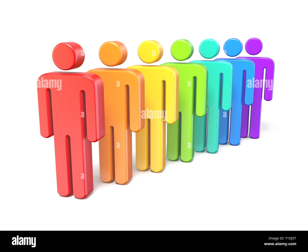 Rainbow colored abstract figures in a row 3D render illustration ...