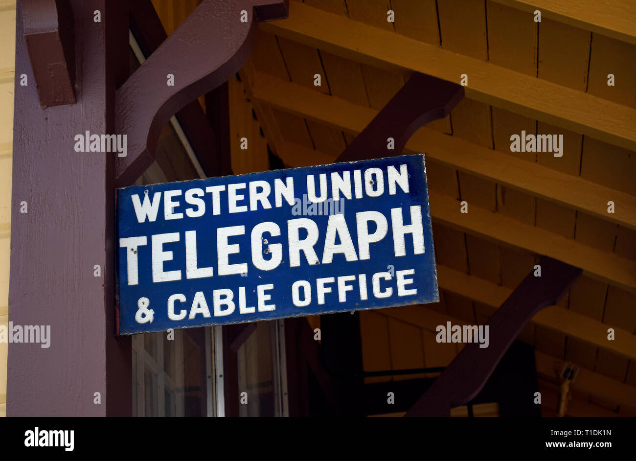 Western Union Telegraph and cable office sign on the Sunol train ...