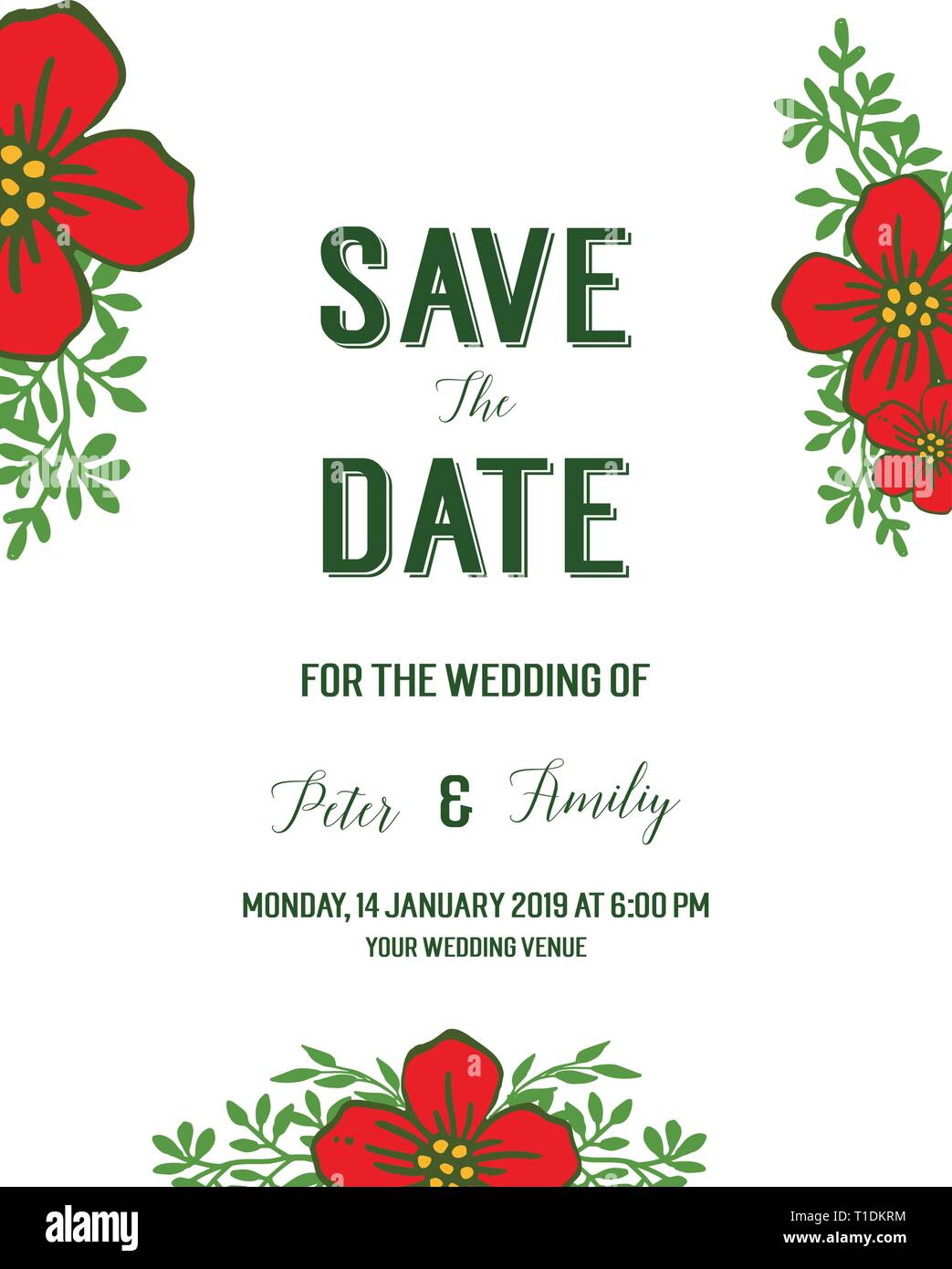 Vector illustration marriage invitation card with design red flower ...