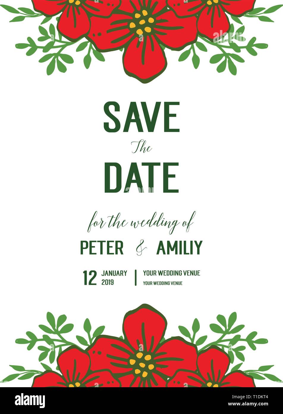 Vector illustration marriage invitation card with design red flower ...