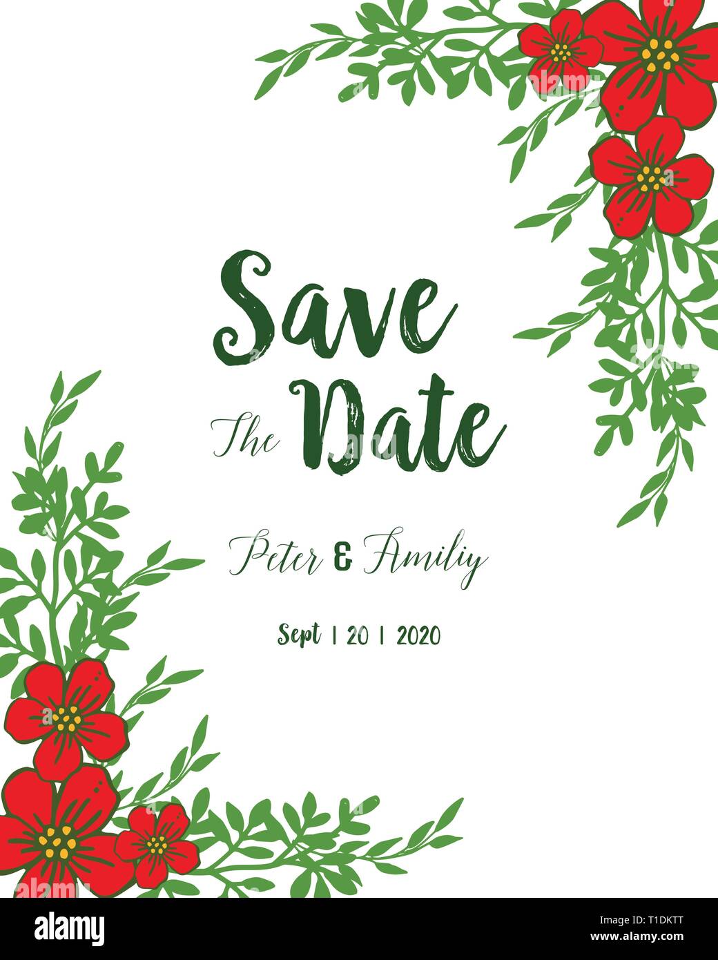 Vector illustration lettering save the date with decoration leaf flower frame hand drawn Stock ...