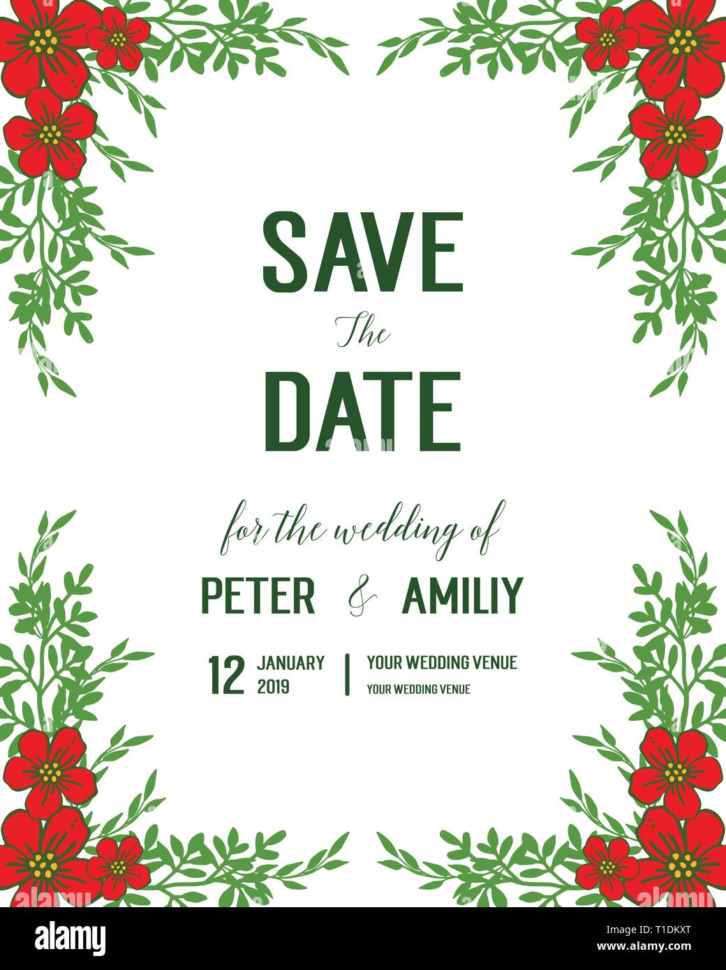Vector illustration lettering save the date with decoration leaf flower frame hand drawn Stock ...
