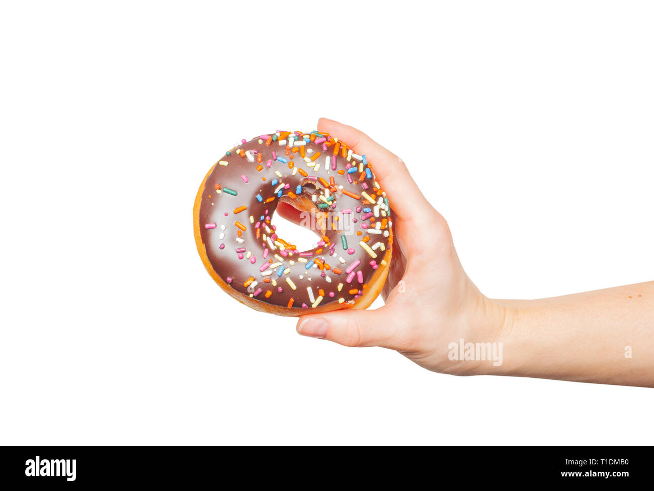 Female Hand Holding Donut Colorful Donut On Pastel White Background