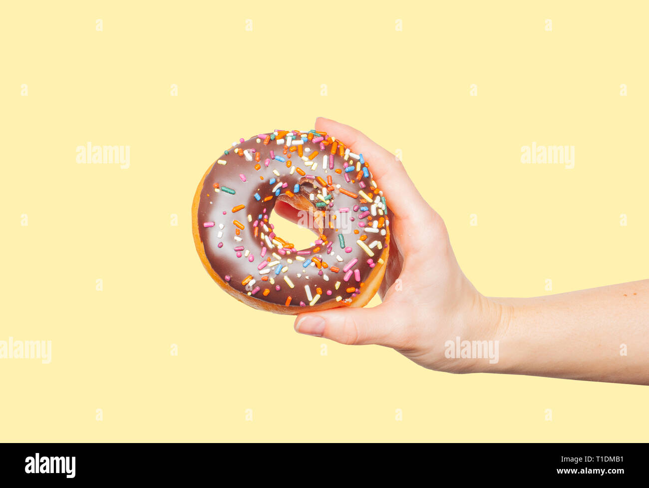 Female hand holding donut. Colorful donut on pastel yellow background ...