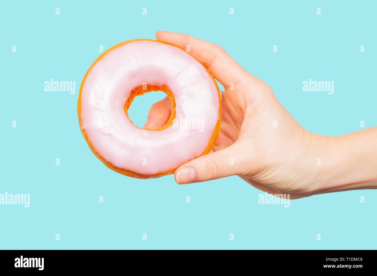 Female hand holding donut. Colorful donut on pastel blue background ...
