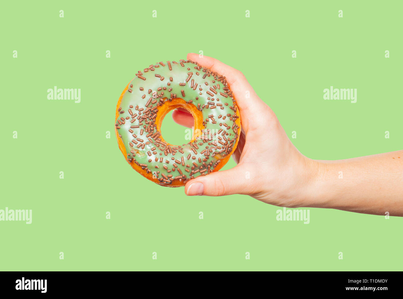 Female hand holding donut. Colorful donut on pastel green background ...