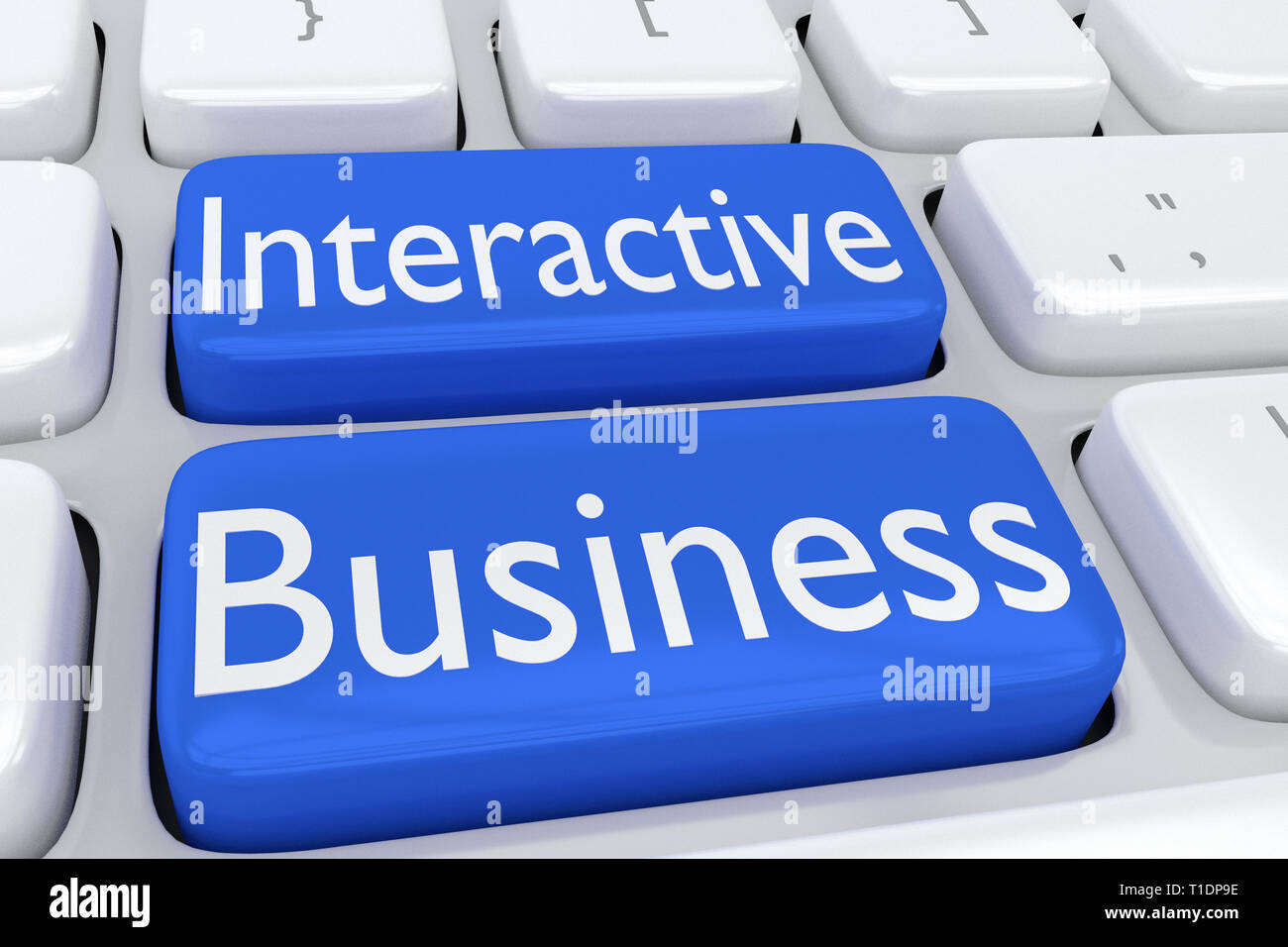 3D illustration of computer keyboard with the script Interactive Business on two adjacent blue ...