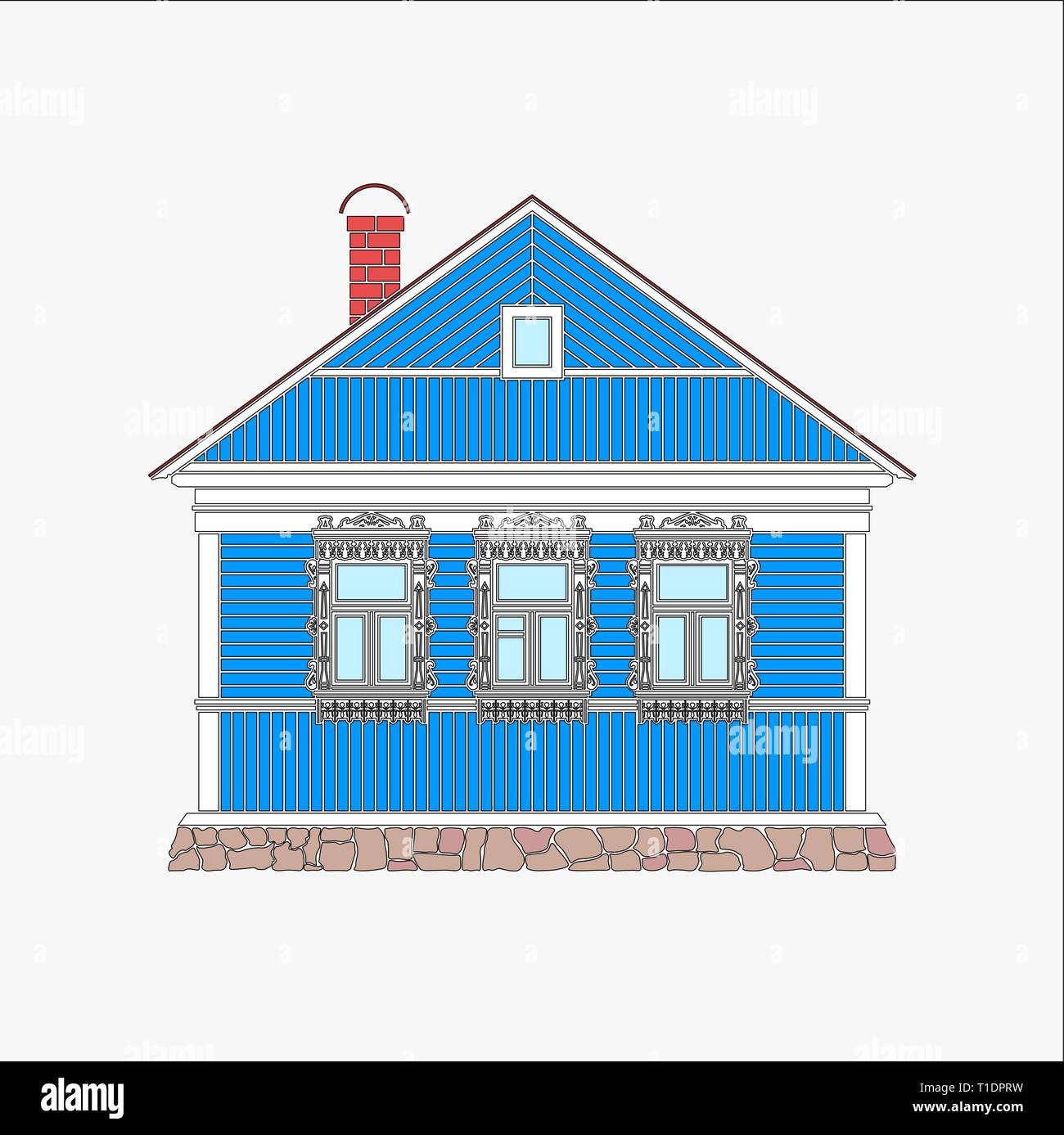 Russian traditional wooden house. The windows are decorated with wooden ...