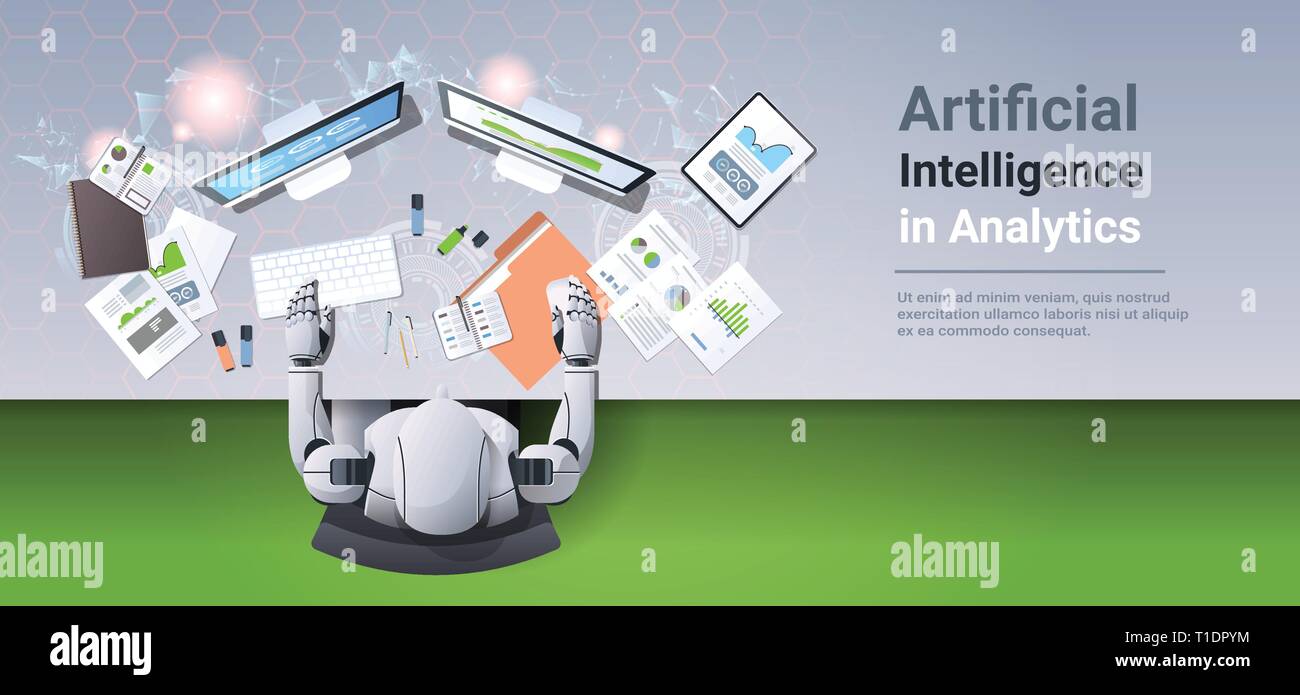 modern robot sitting at workplace humanoid analyzing financial graphs ...