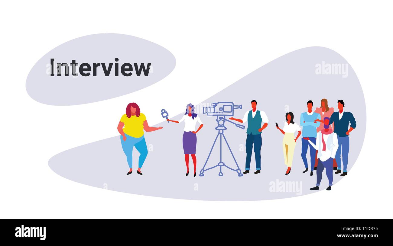 cameraman recording female journalist reporter interviewing fat obese ...