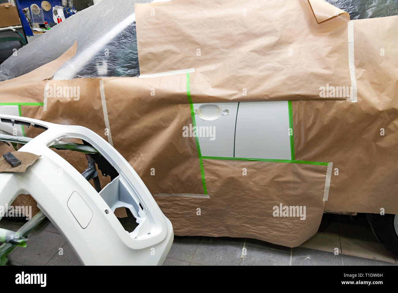 Parts of the car bumper and door after the accident in the camera for ...