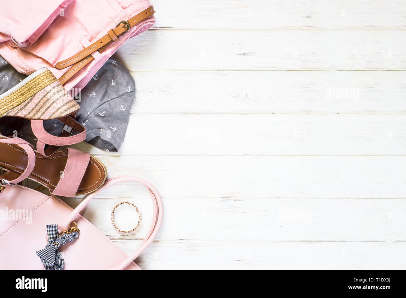 Woman clothes and accessories flat lay background Stock Photo - Alamy