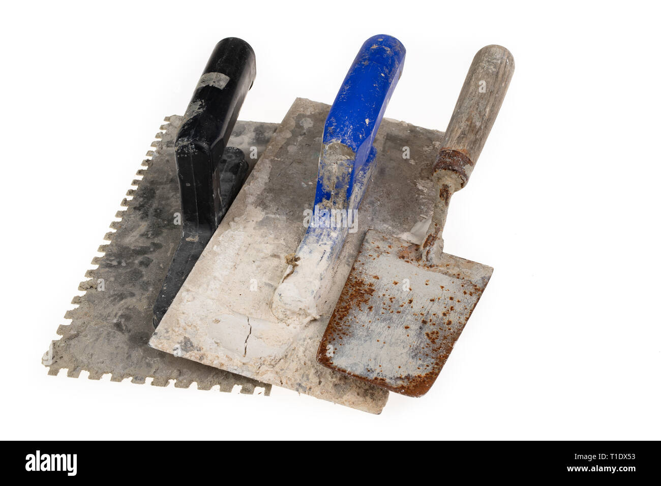 A dirty plastering plaster on a workshop table. Tools for construction ...