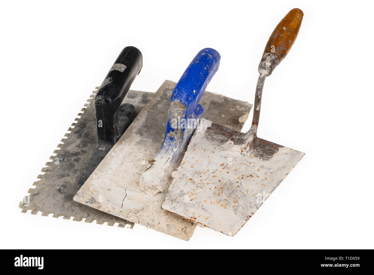 A dirty plastering plaster on a workshop table. Tools for construction ...