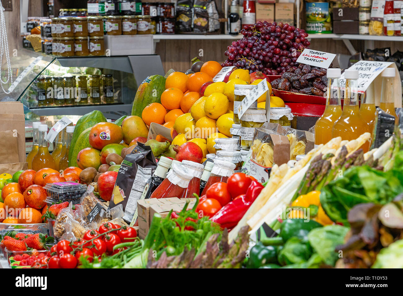 Helsinki, Finland - March 19, 2019: Various vegetables and food jars in ...