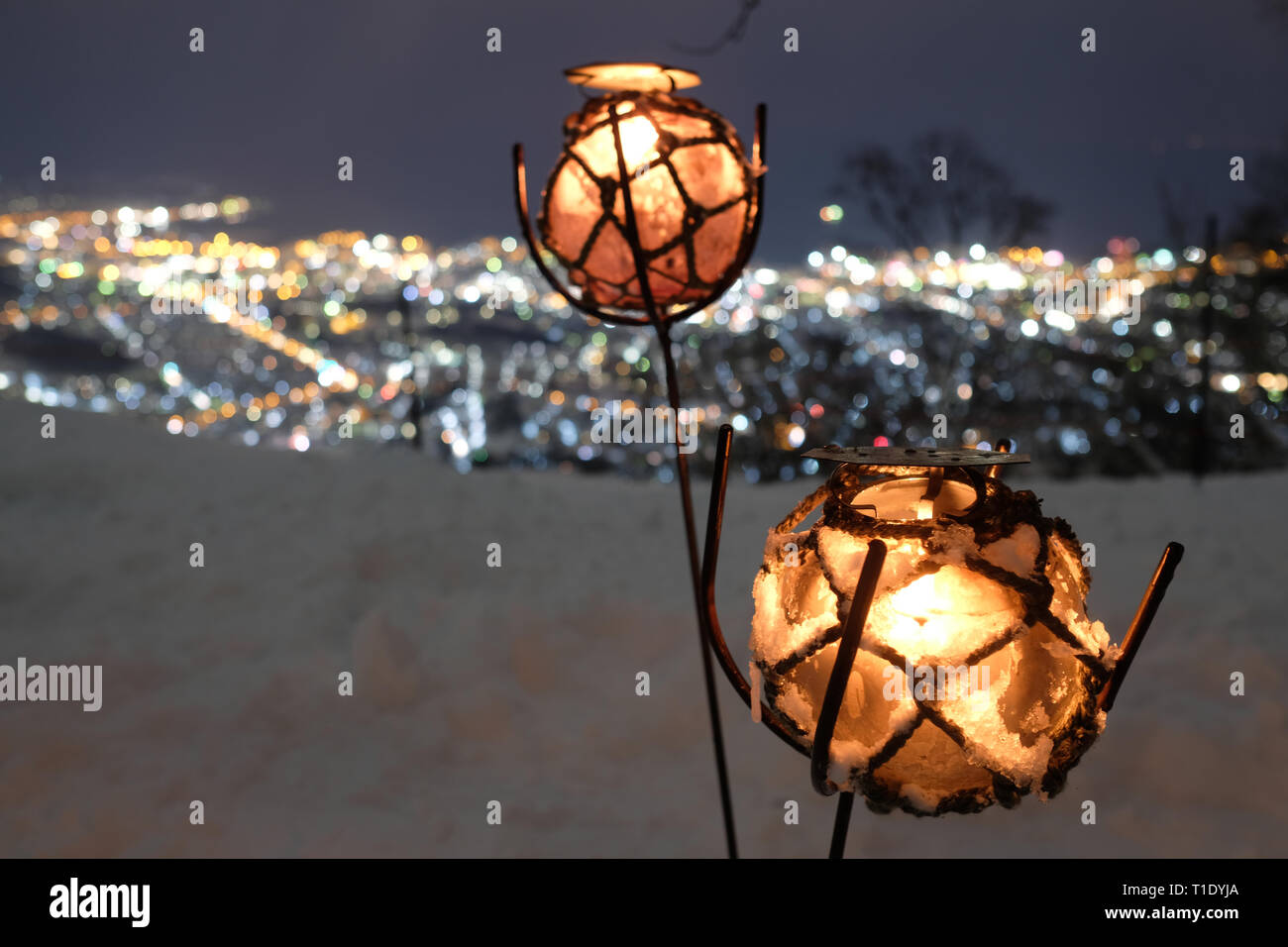 Close up of the Japanese candle lights in Oatru Tenguyama, Hokkaido ...