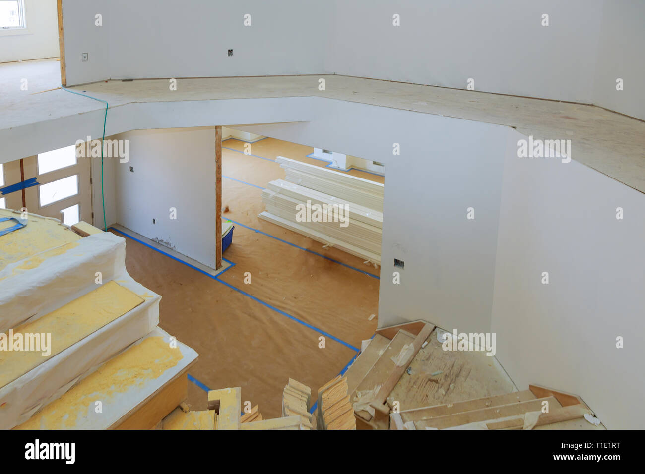 House hall interior with drywall completely installed and painted wall ...