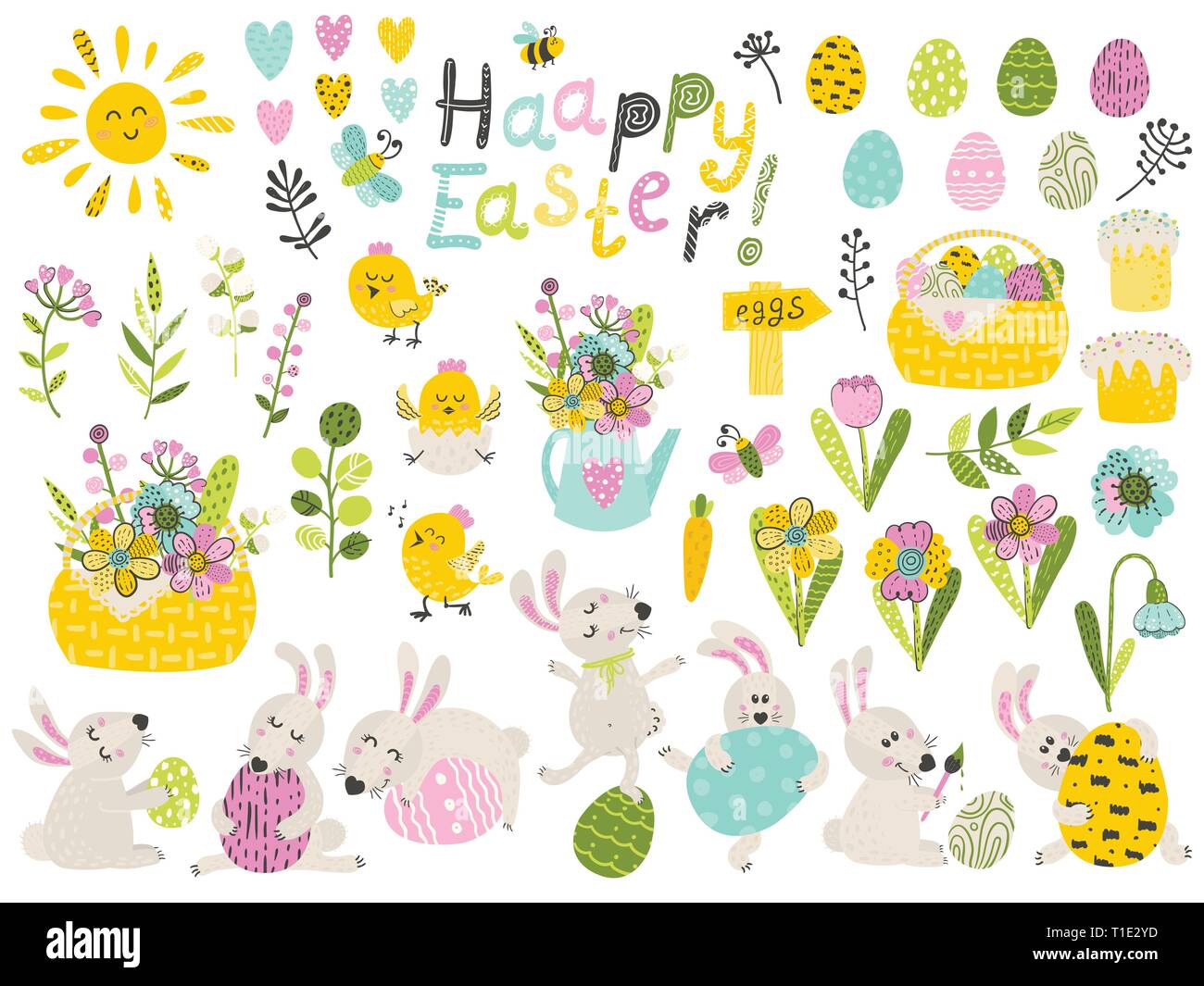 Big set of cute cartoon characters and design elements for the Easter ...