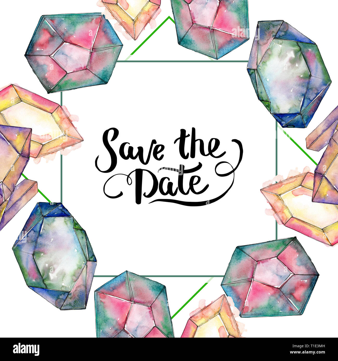 Colorful diamond rock jewelry minerals. Watercolor crystal stone ...