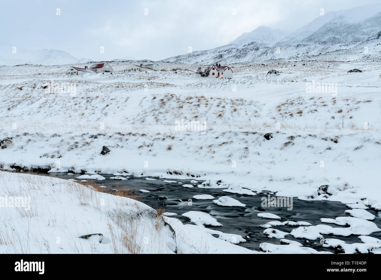 Frozen River Flowing Through Mountains and Snow, Iceland Stock Photo ...