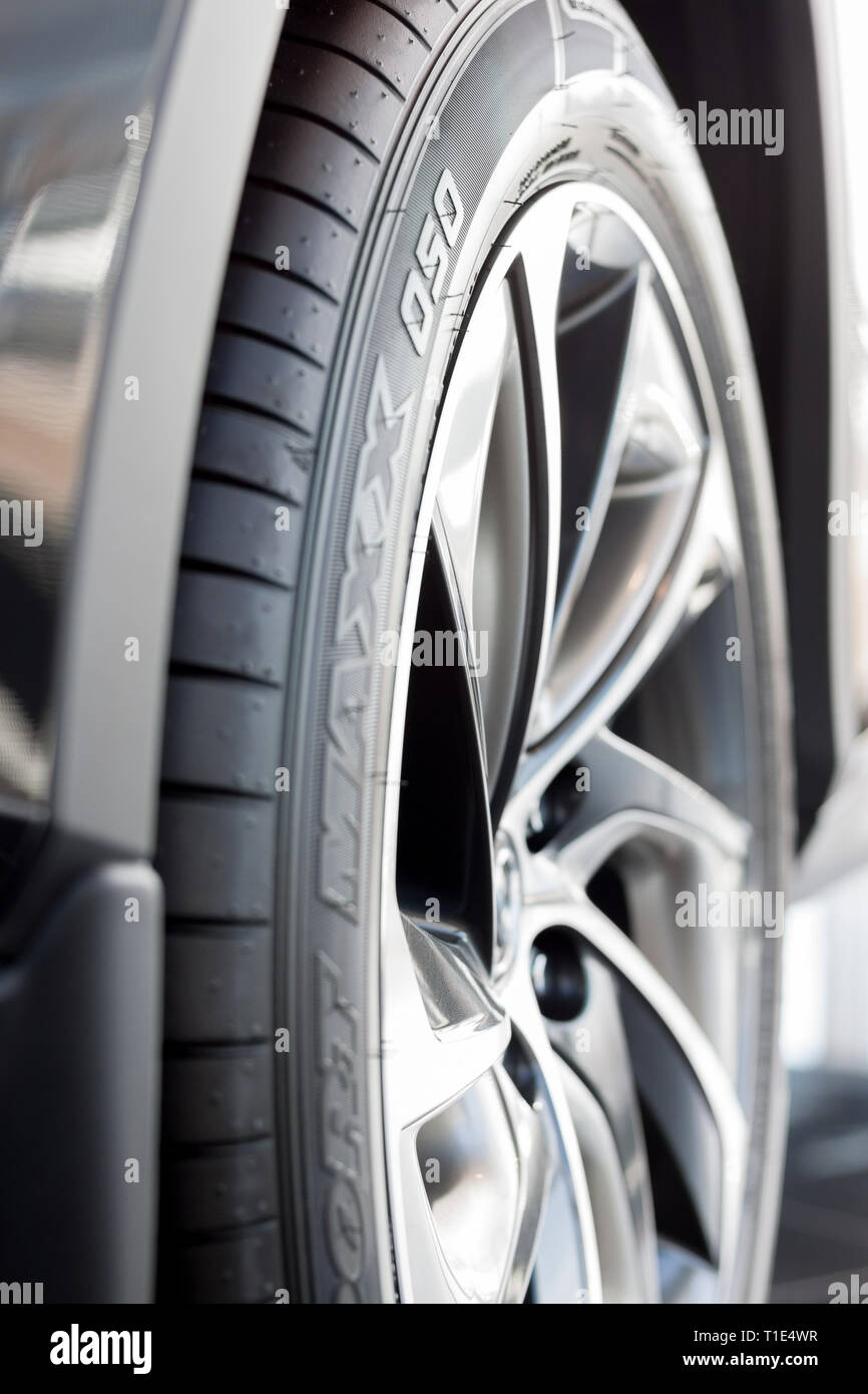 Russia, Izhevsk - April 21, 2018:Showroom Lexus. The wheel disk of a ...