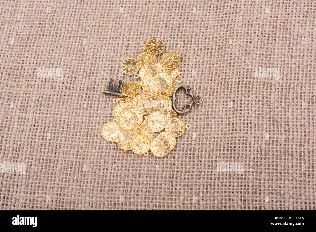 Retro styled key placed over fake gold coins Stock Photo - Alamy