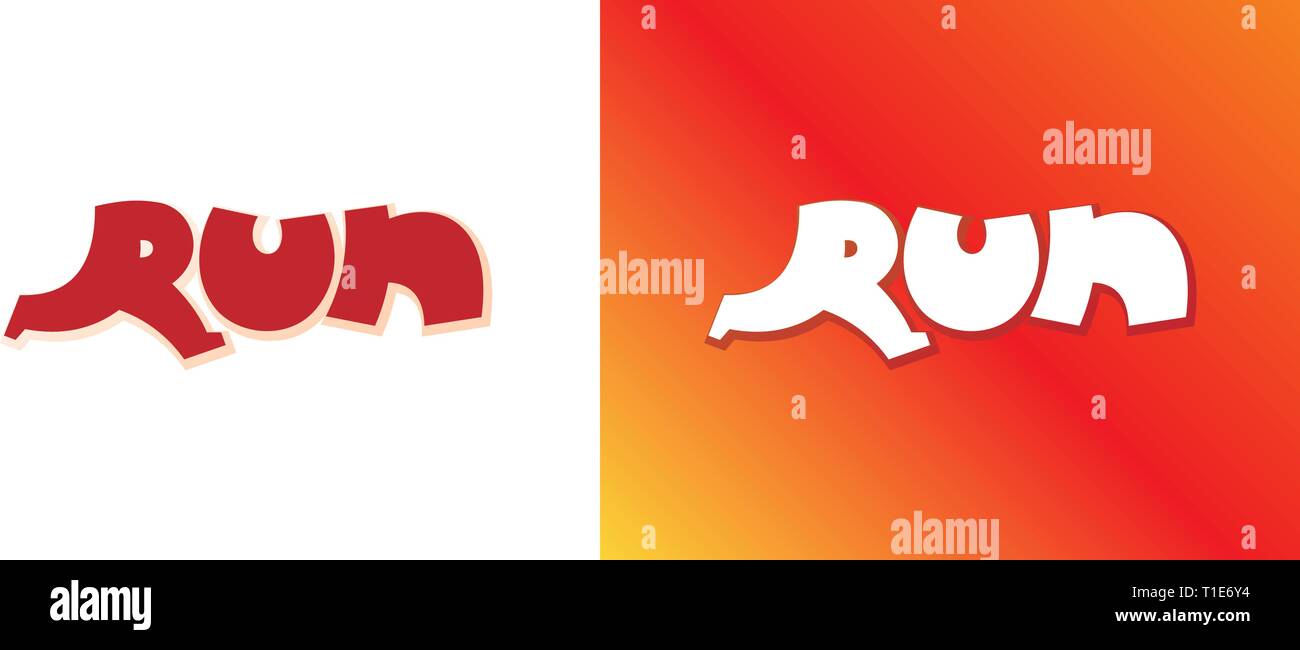Run cartoon style red background set. Letter R form running man ...
