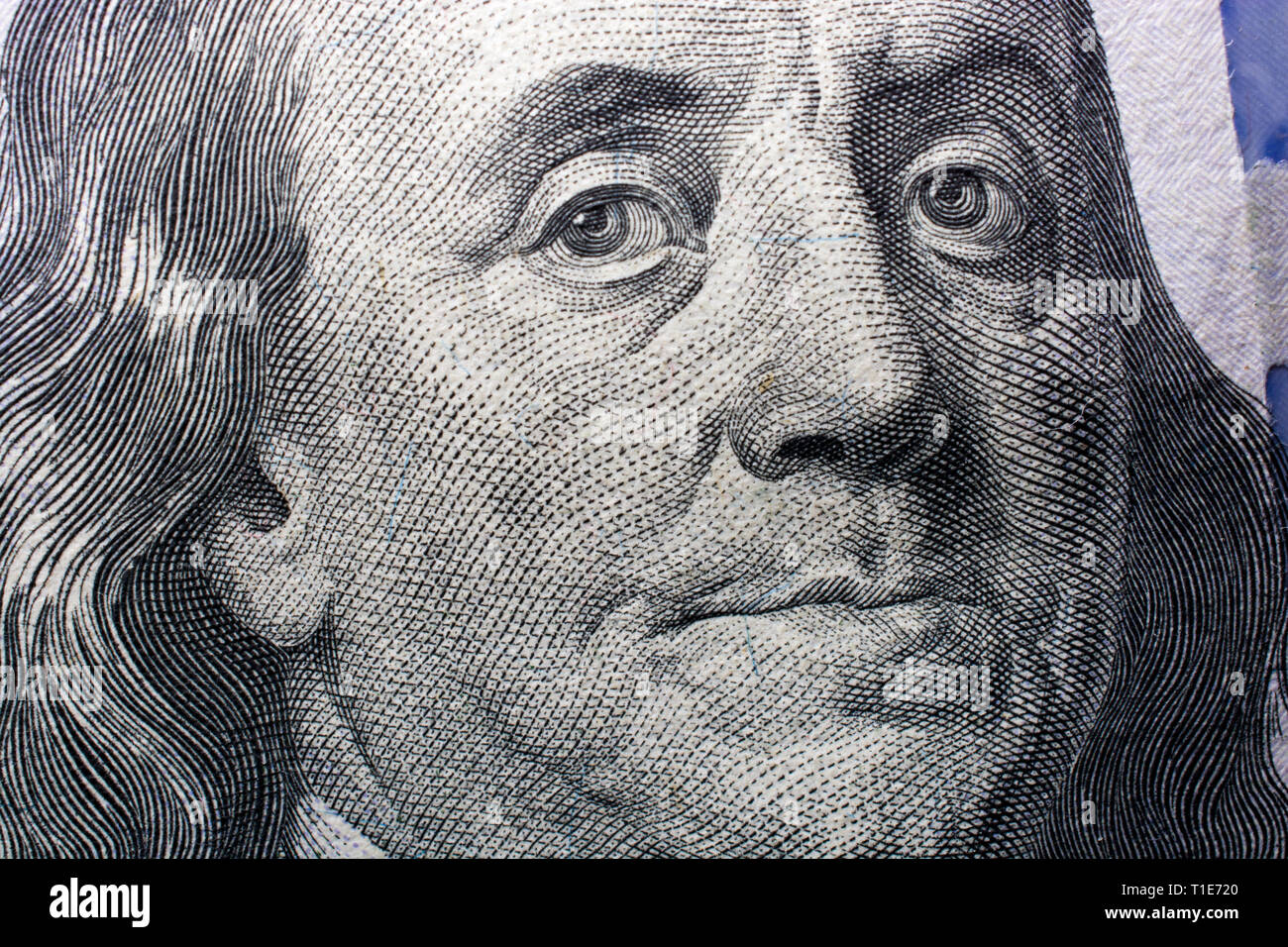 Close up of Benjamin Franklin face on 100 US dollar bill Stock Photo ...