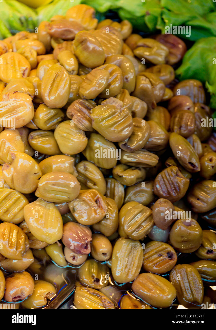 Turkish style prepared olives in the market stands Stock Photo - Alamy