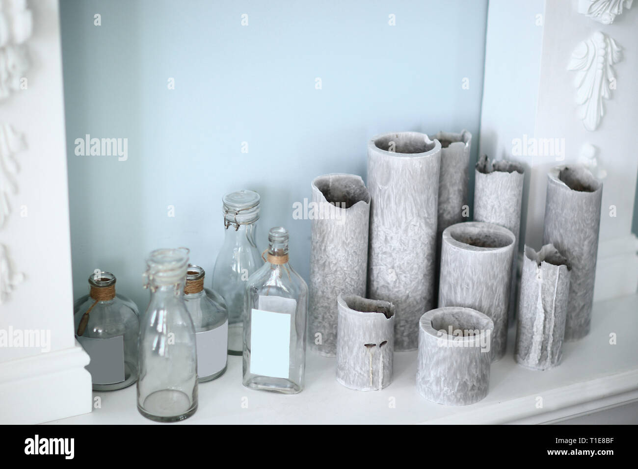 Unique colorful ceramic vase and glass bottles Stock Photo - Alamy