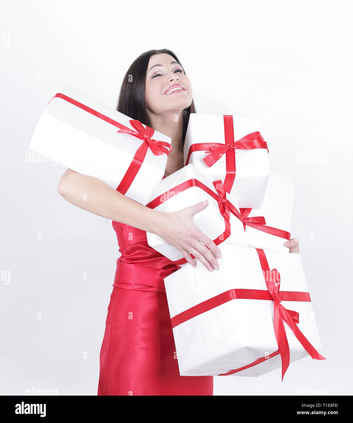happy beautiful woman with many gifts .isolated on a white background ...