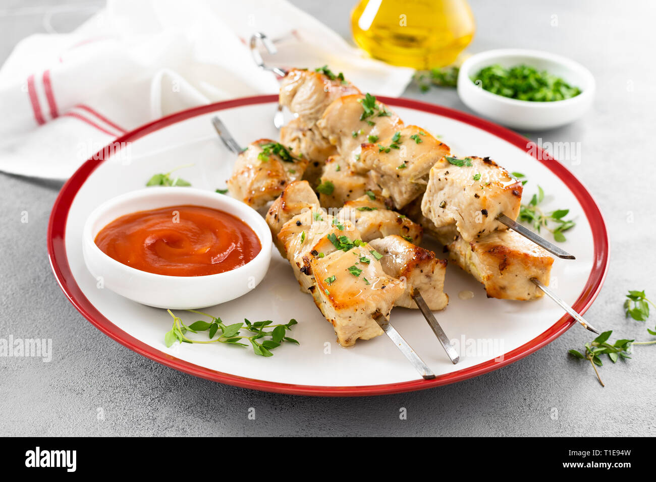 Grilled meat skewers, chicken shish kebab Stock Photo - Alamy
