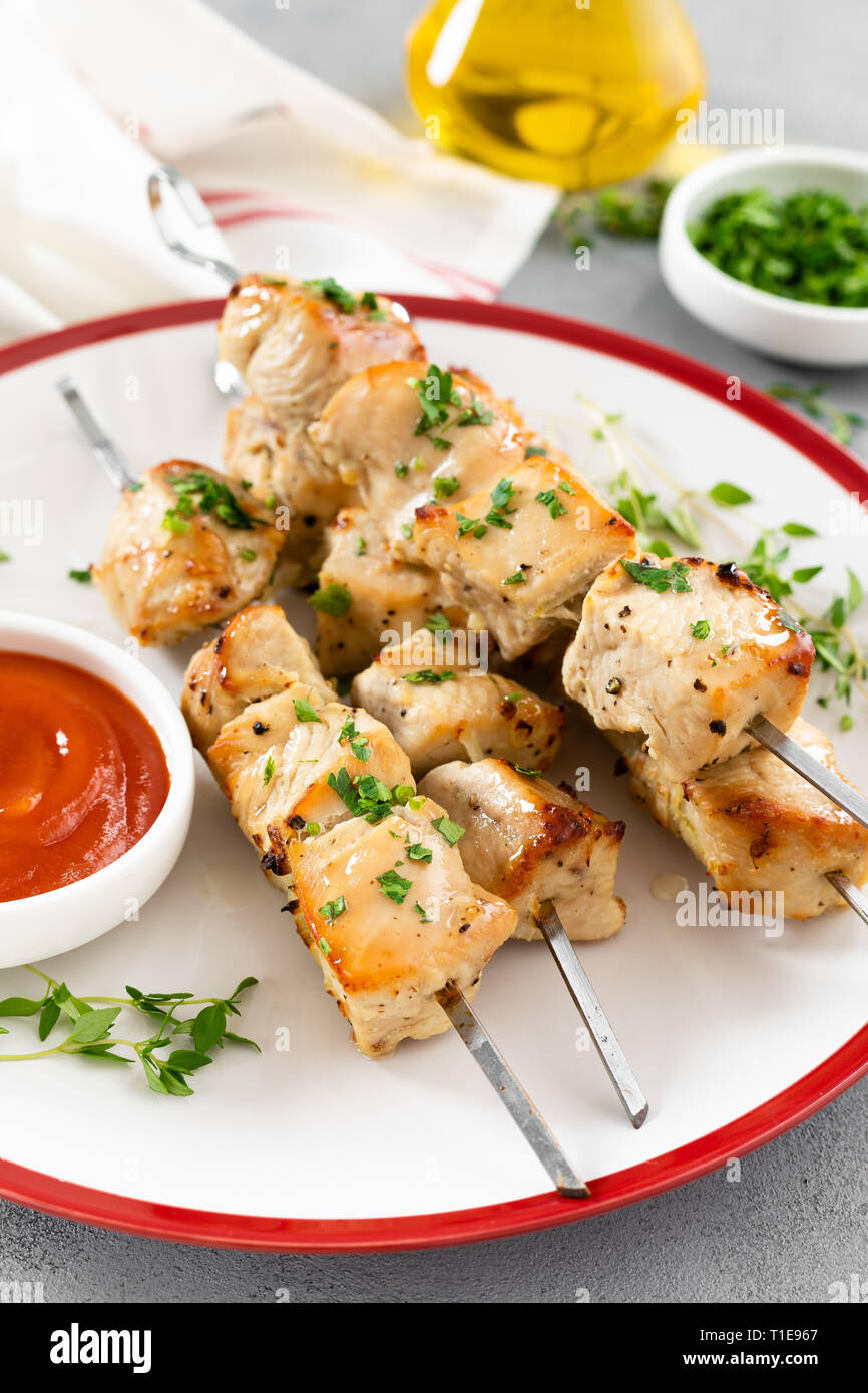 Grilled meat skewers, chicken shish kebab Stock Photo - Alamy