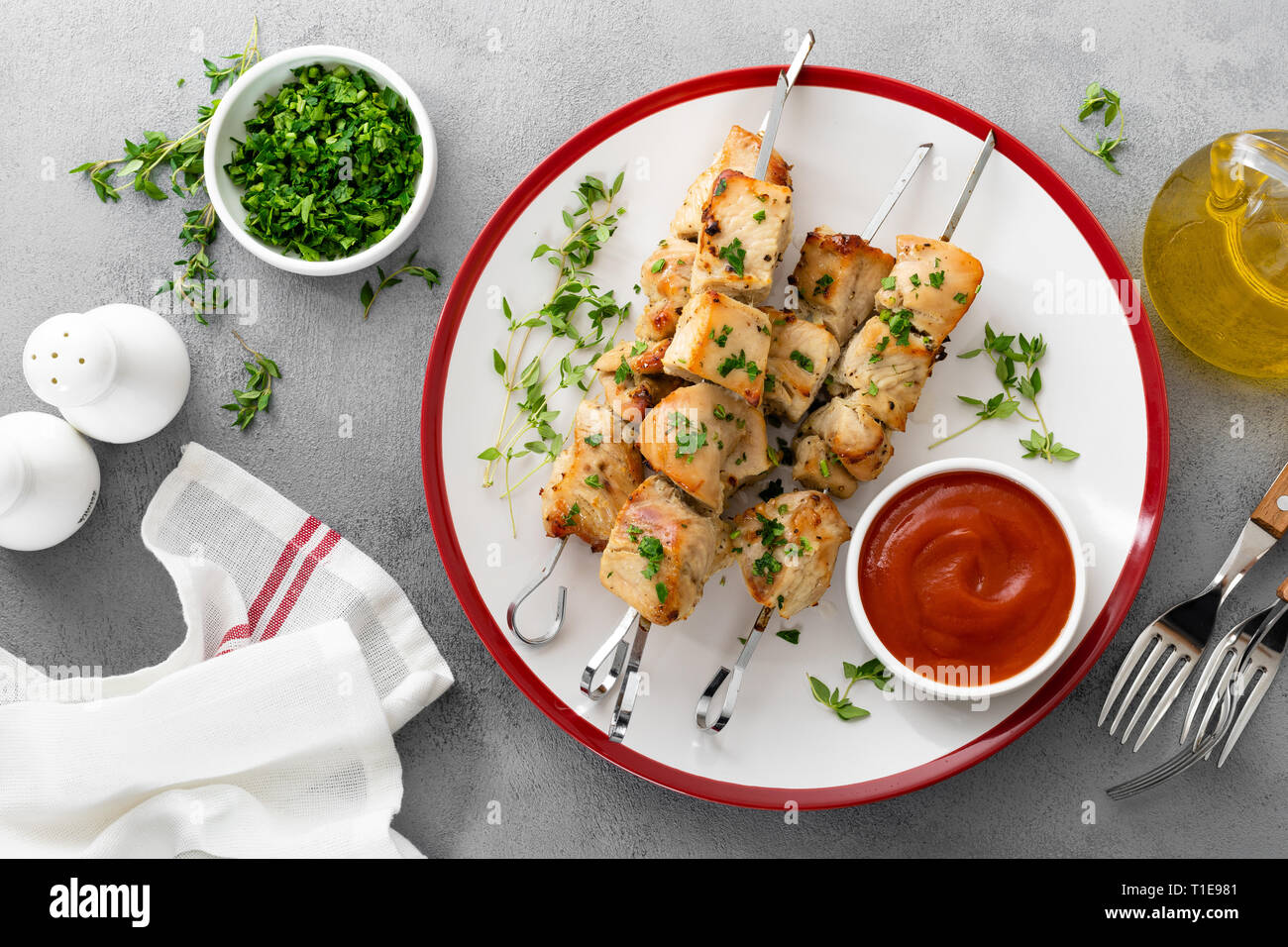 Grilled meat skewers, chicken shish kebab top view Stock Photo - Alamy