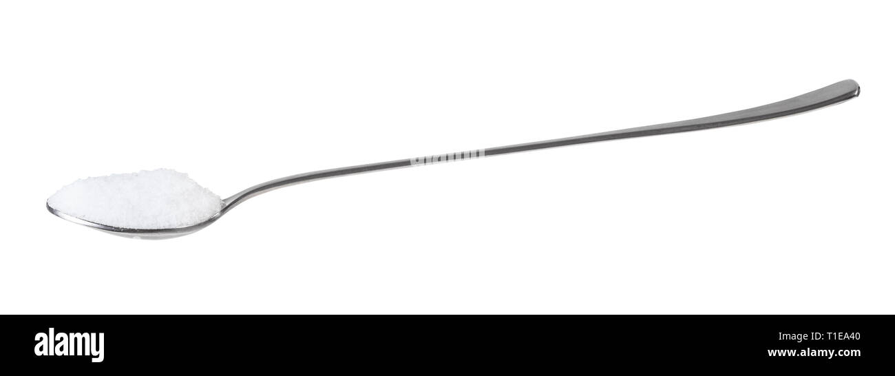 side view of steel teaspoon with fine ground Sea Salt isolated on white ...