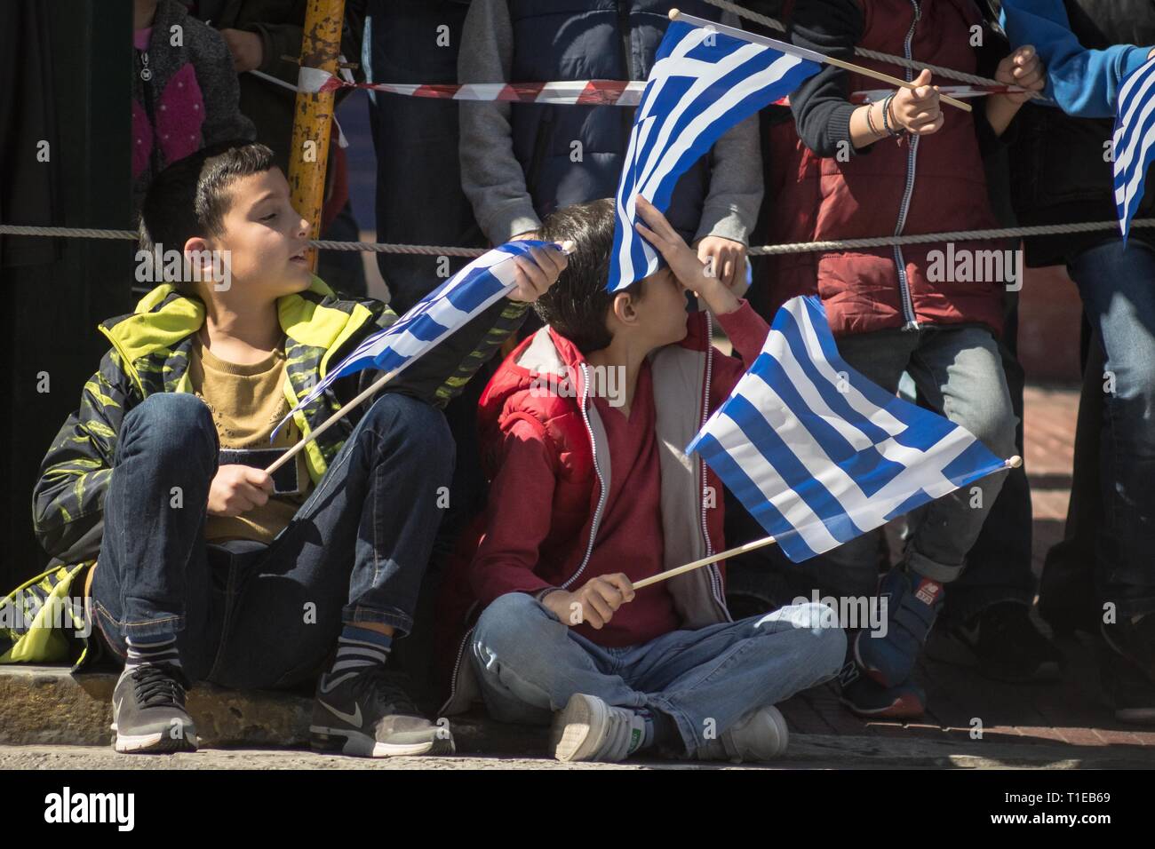 Athens, Greece. 25th Mar, 2019. Kids seen holding Greek flags during ...