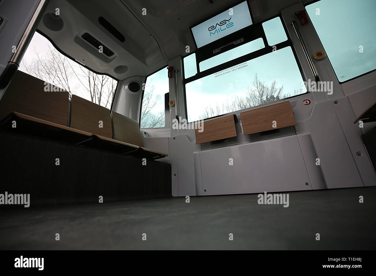 Monheim, Germany. 26th Mar, 2019. The interior of an autonomous bus ...