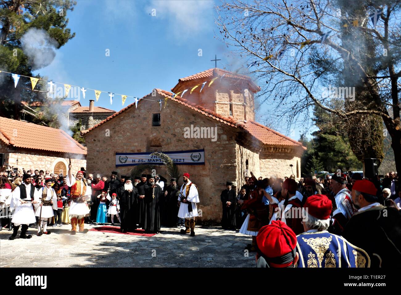 Athens, Greece. 25th Mar, 2019. Men seen firing guns during the ...