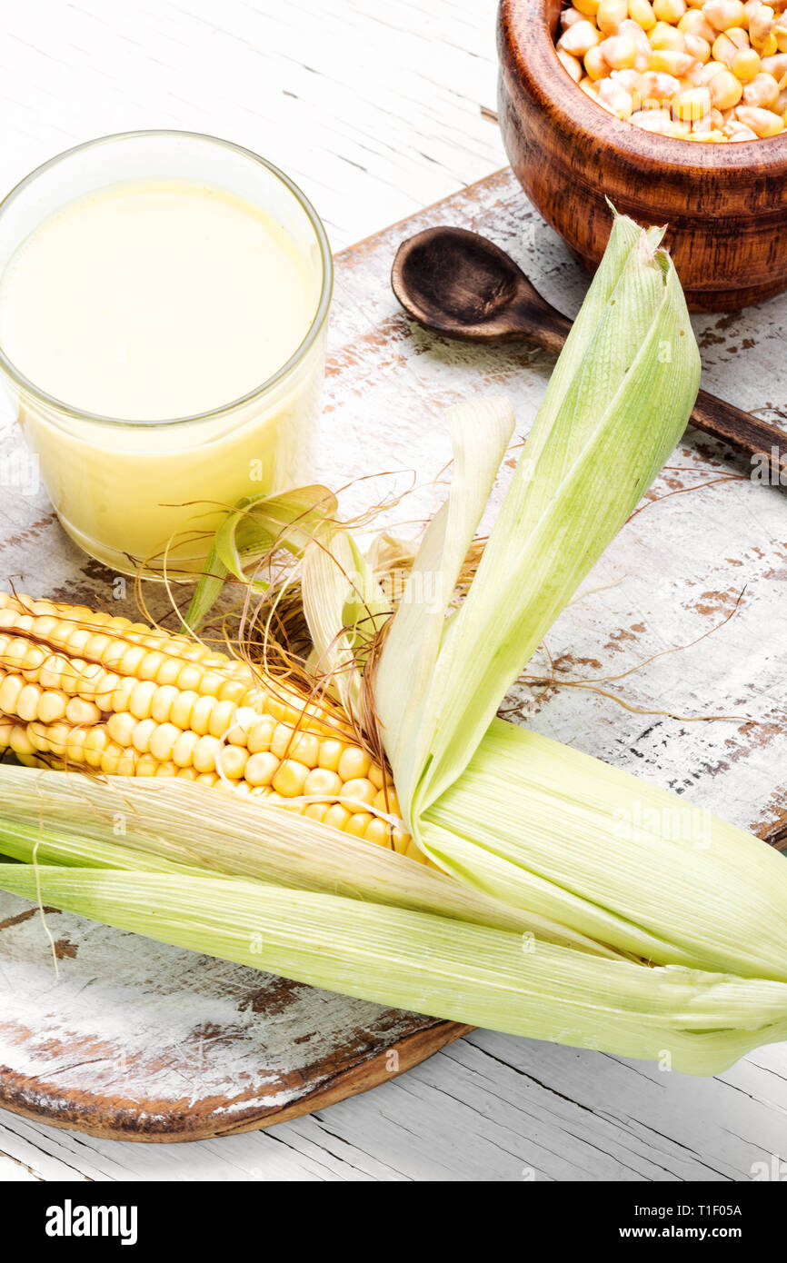 Fresh sweet corn juice.Corn milk.Healthy drink.Fresh sweet corn juice ...