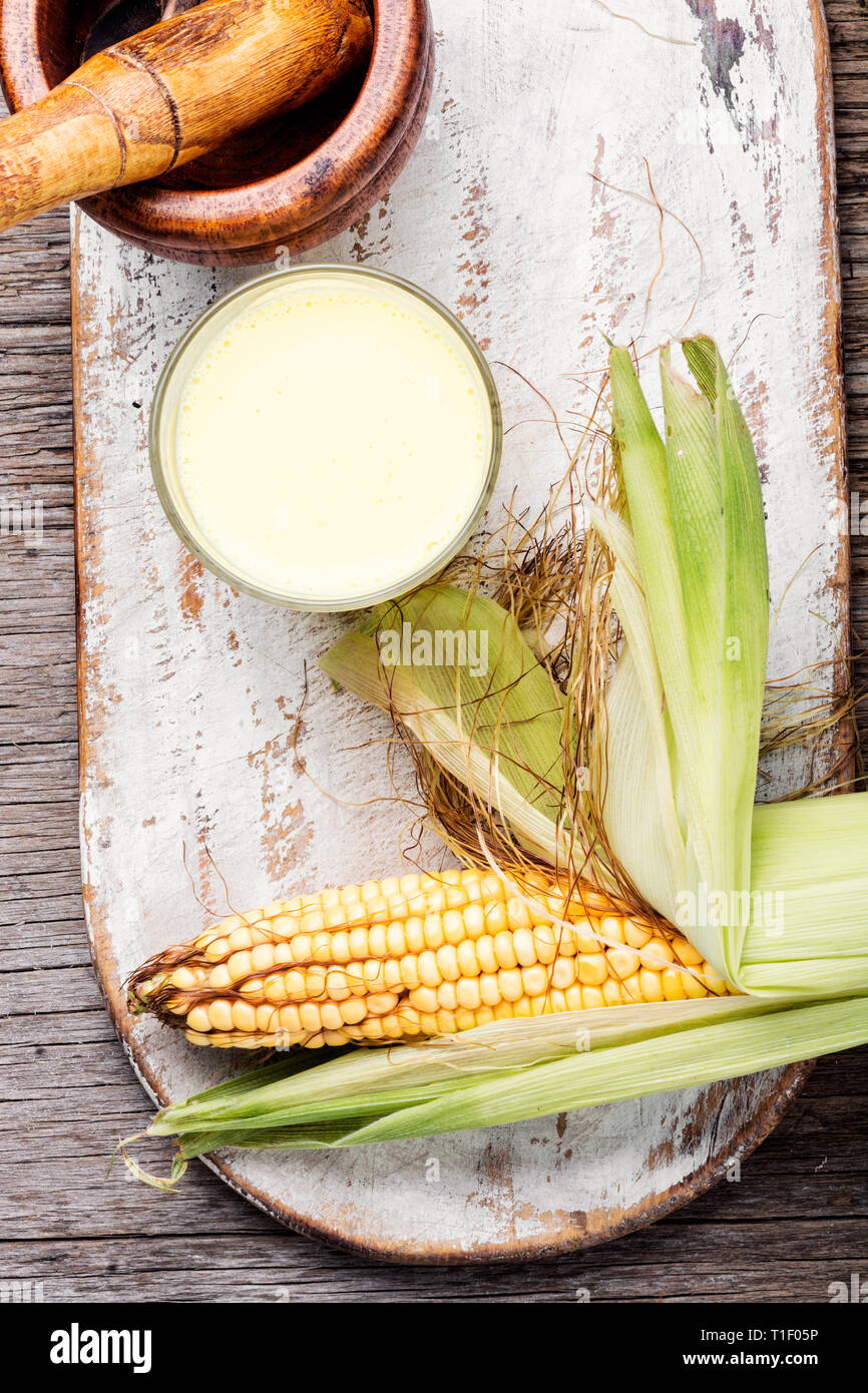 Fresh sweet corn juice.Corn milk.Healthy drink.Fresh sweet corn juice ...