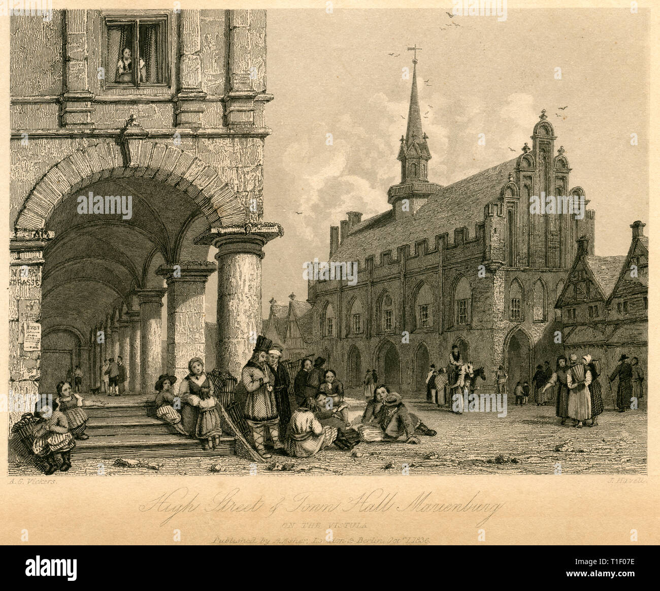 Poland, Woiwodschaft Pomerania, townhall of Malbork, steel engraving A ...