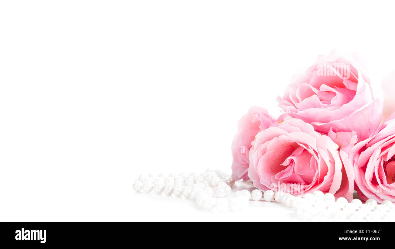Beautiful pastel pink roses bunch and elegant bridal pearls isolated ...