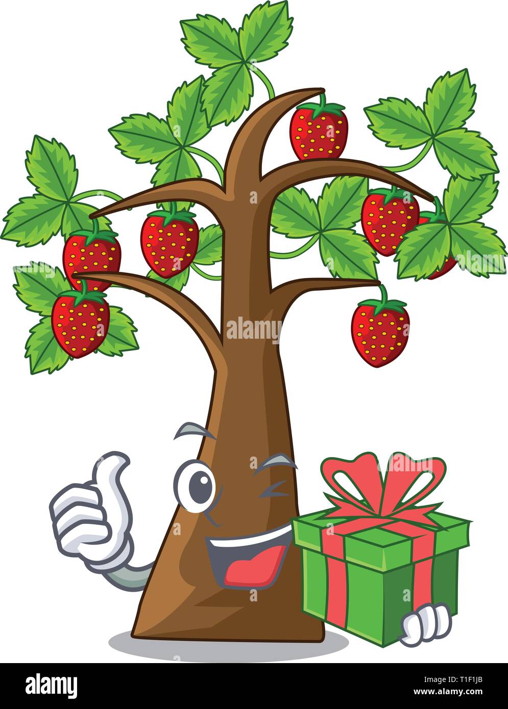 With gift cartoon strawberry trees grow on soil vector illustration ...