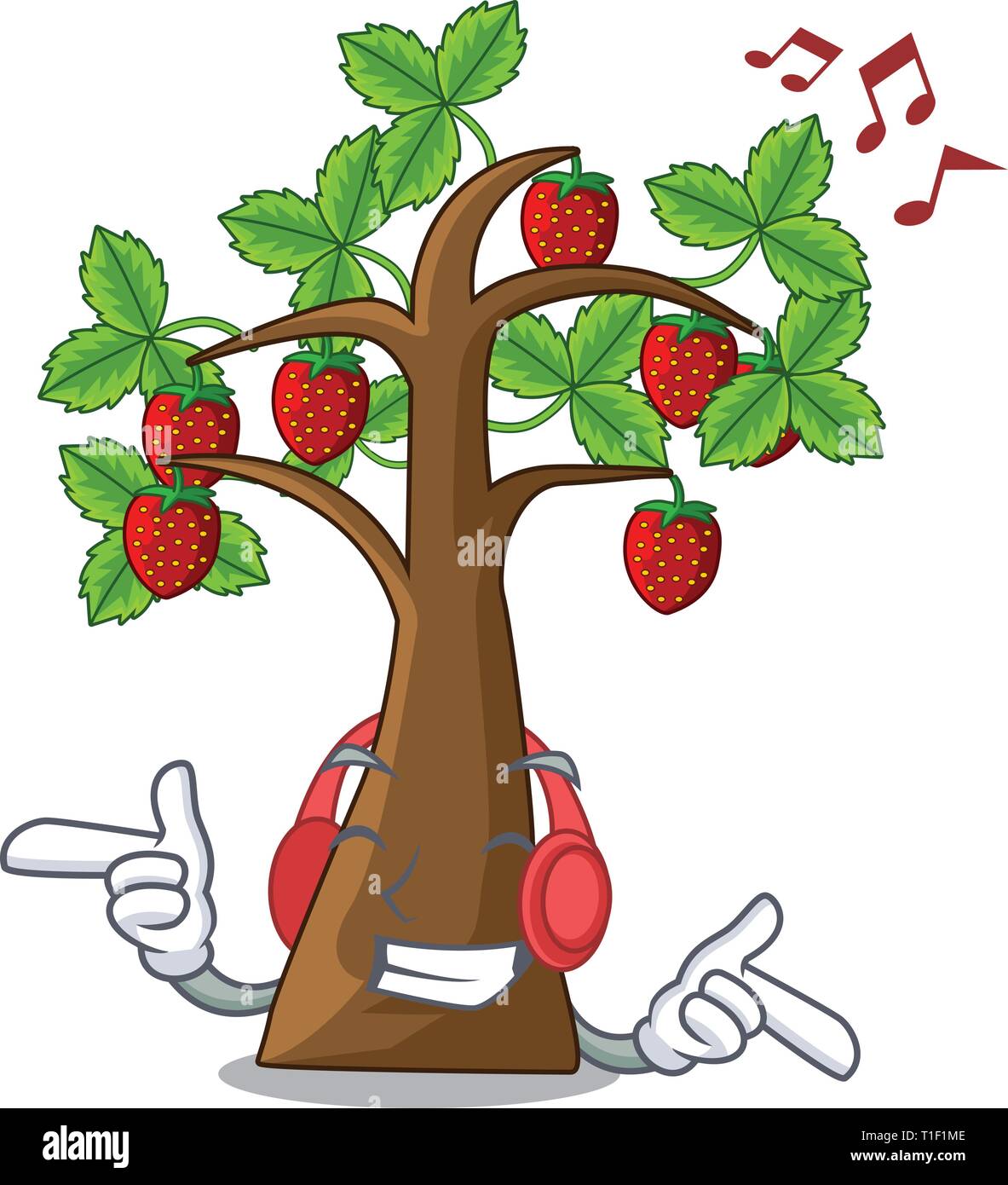 Listening music cartoon strawberry trees grow on soil vector ...