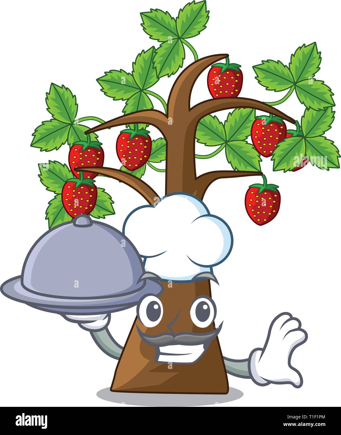 Chef with food cartoon strawberry trees grow on soil vector ...