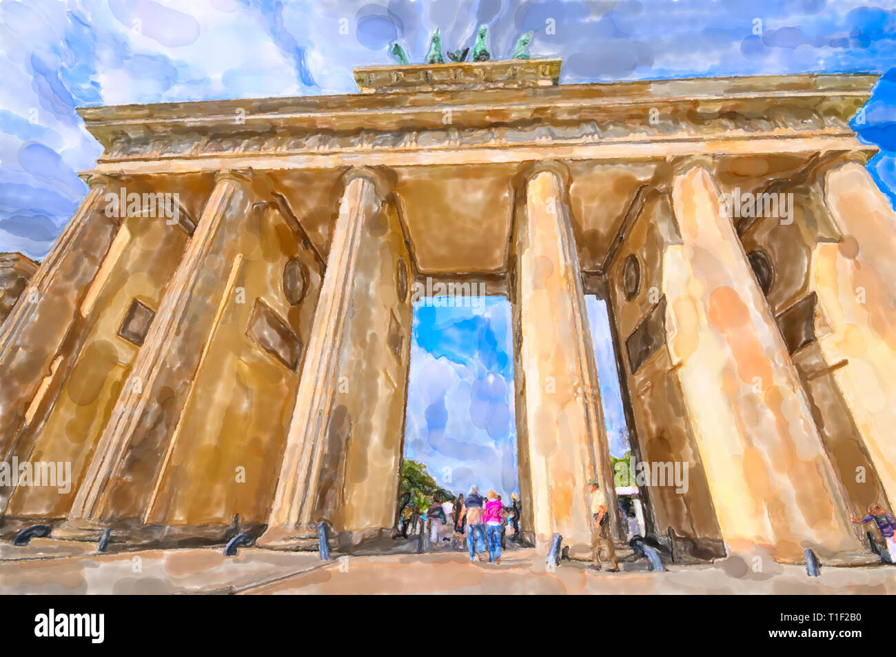 Watercolor illustration Brandenburg Gate in Berlin. People walking ...