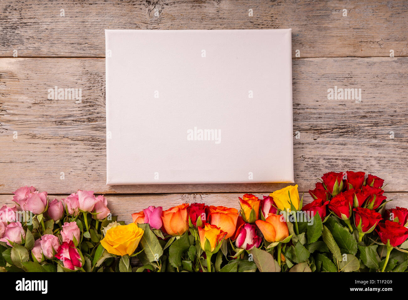 Colorful rose flowers over wooden table. Top view with copy space Stock ...